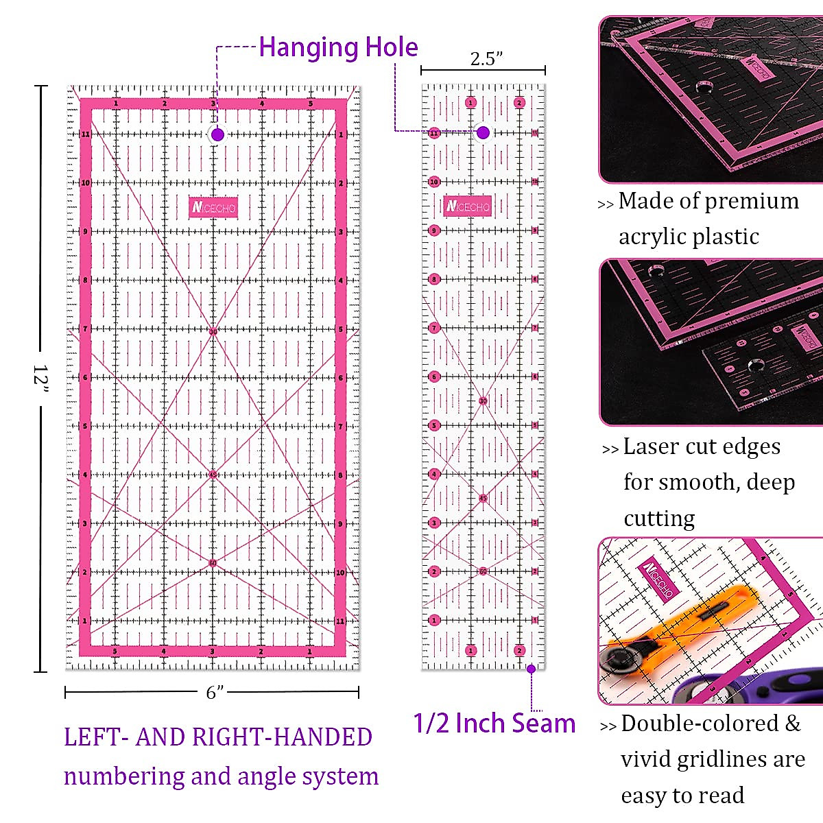 Rotary Cutter Set,Nicecho Sewing Quilting Supplies,45mm & 28 mm Fabric Cutters,8 Rotary Cutter Blades,A3 Cutting Mat for Sewing,6x12 & 2.5x12 In Quilting Rulers,Ideal Quilt kits for Lovers & Beginners