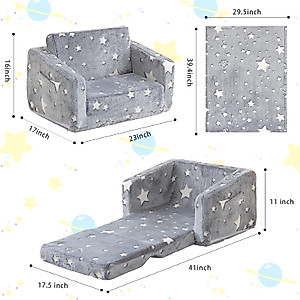 Kisdsa Kids Couch Fold Out,Foldable Toddler Couch with Blanket,Kids Sofa for Girls Boys,Flip Out Toddler Chair,Kids Chair Convertible Sofa to Lounger for Children Age 1-3(Glow Star)