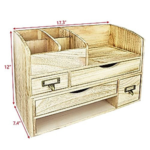 Ikee Design Large Extendable Wooden Desktop Organizer for Office Supplies, Storage Shelf Rack Book Shelf, Stationary Compartment Holder, 17 1/4" W x 7 1/2" D x 12" H
