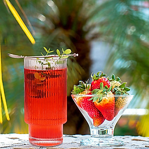 Ribbed Glassware Set of 4, 14oz Ribbed Glass Cups with Glass Straw, Ribbed Juice Glass Fluted Glassware Ribbed Drinking Glasses for Margaritas Whiskey Smoothie Ice Tea Coffee Soda Cocktail Beer Gift