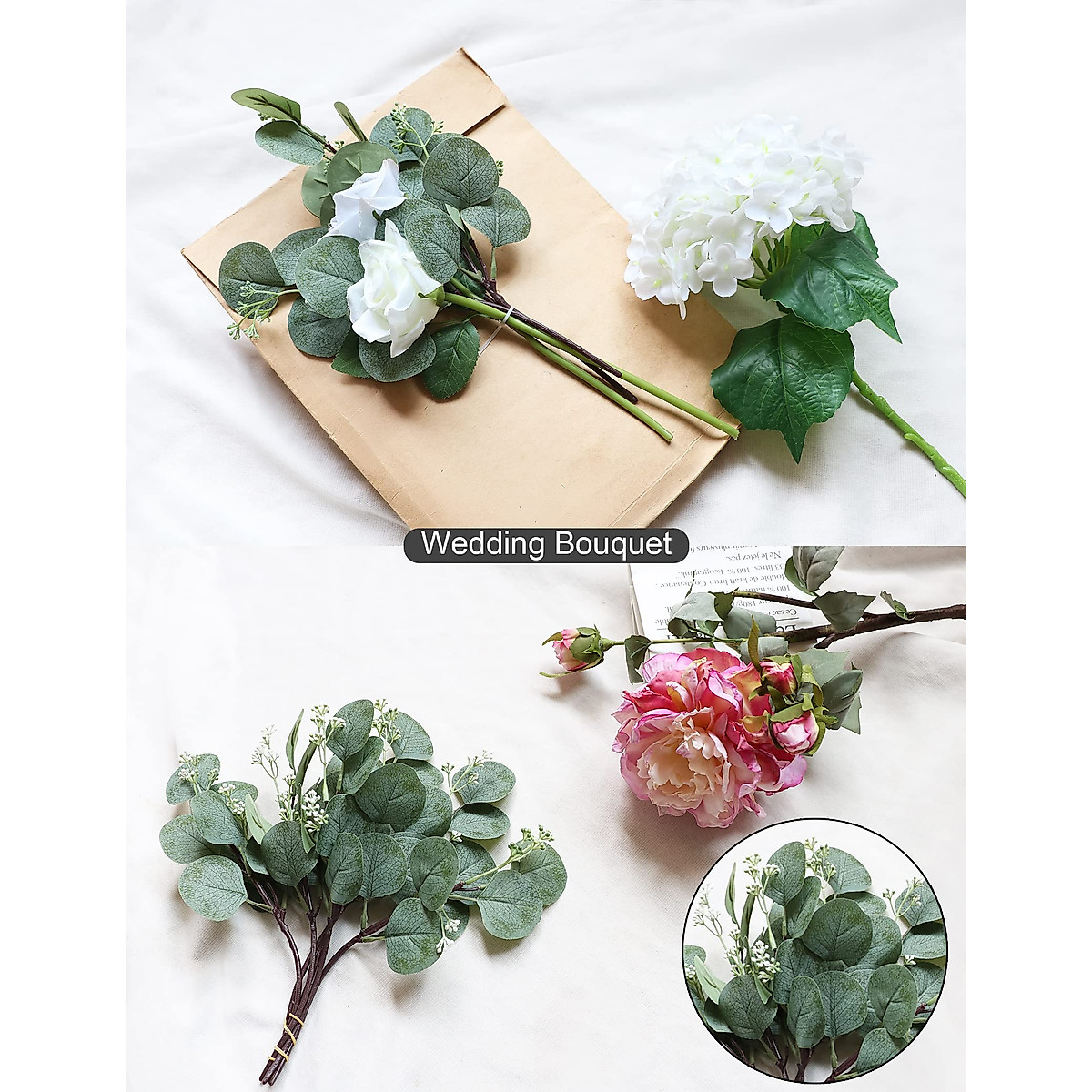 Forlaoers 6pcs Small Fake Plants Silver Dollar Eucalyptus Garland Silk Leaves Stems with Seeds Faux Flowers Bouquets Greenery for Decor Rectangular Floral Centerpieces, Grey Green, HY28015