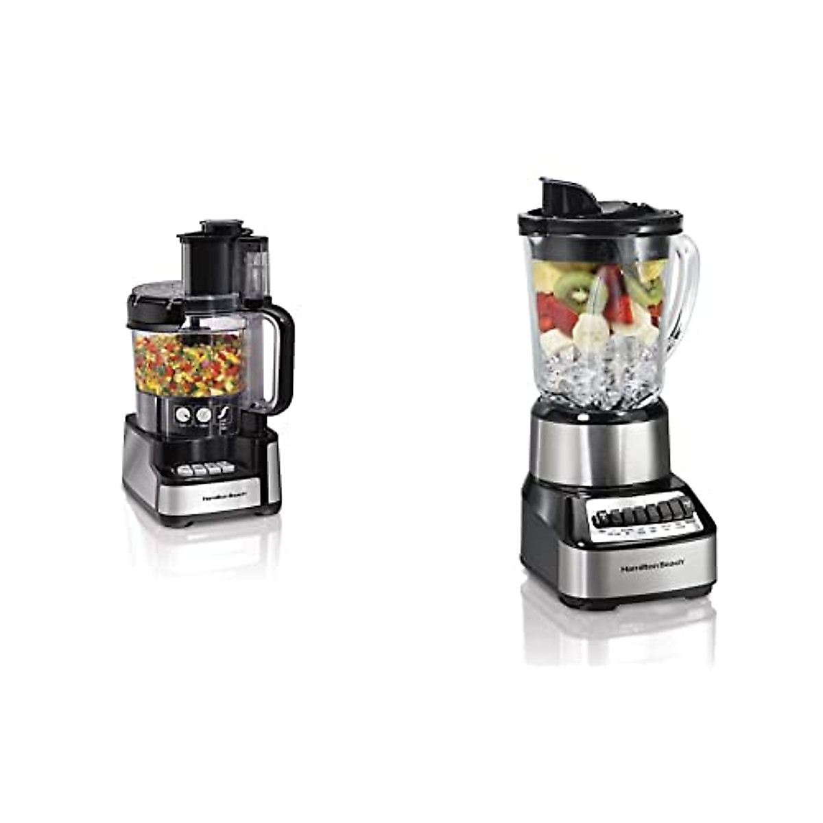 Hamilton Beach Stack & Snap Food Processor and Vegetable Chopper, Black & Wave Crusher Blender with 40 Oz Glass Jar and 14 Functions for Puree, Ice Crush, Shakes and Smoothies, Stainless Steel