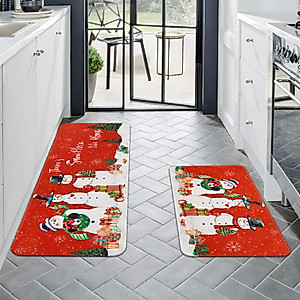 ASPMIZ 2 Pcs Merry Christmas Kitchen Rugs, Red Winter Area Rug Set of 2 Non Slip Washable, Absorbent Anti Fatigue Snowmen Kitchen Mat for Laundry Bathroom Bedroom Xmas Decor, 17'' x 47'' + 17'' x 30''
