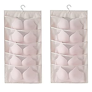 Enlarged Closet Hanging Bra Organizer with Rotating Metal Hanger, Extra-Large Dual Sided Wall Shelf Wardrobe Mesh Pockets Hanging Storage Bag for Bra Socks Underwear Underpants