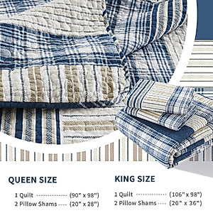 Homzard Queen Comforter Set - Blue White Tan Striped Queen Size Comforter Set,Plaid Striped Bedding Quilt, Farmhouse Bedspread, Lightweight Bedding Quilts 3 Pieces All Season
