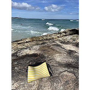 Scout + Ochre Neoprene Swimsuit Bag Pouch with Zipper - Waterproof Wet Bag for Swimwear, Diapers, Cosmetics, Travel Toiletries - great for Beach, Pool, Strollers, Gym - 11.5x8in (Yellow White Stripe)
