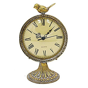 Funly mee Vintage Pewter Table Clock with Cute Bird,Antique Gold