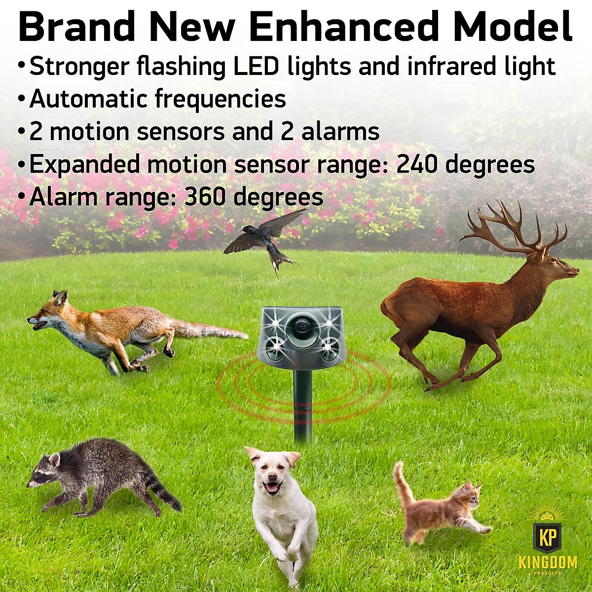 Fall 2024 Animal Repellent Outdoor with Automatic Frequencies, 2 Motion Detectors, 2 Alarms, 8 Stronger LED Lights and USB Cable - Solar Animal Repeller with Expanded Detection Range 360°