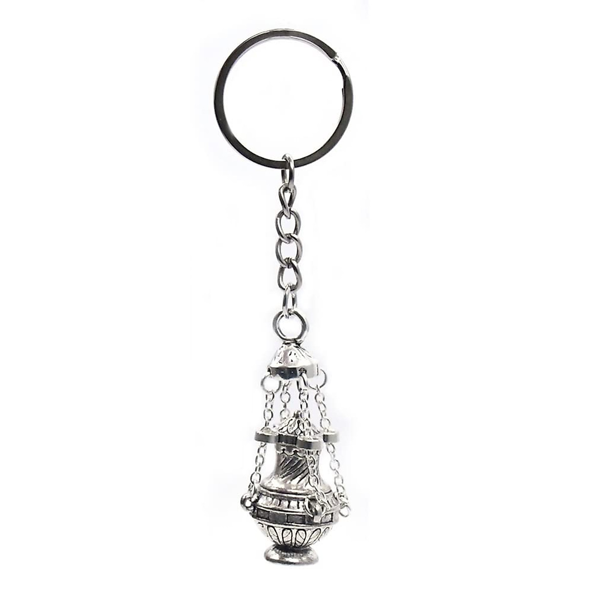 Censer Incense Burner Key Ring Accessory, Silver Tone Christian Faith Keychain Religious Gift Zinc Alloy Censer Key Ring for Bag Keychain Keyring Decoration, 4.52 Inches