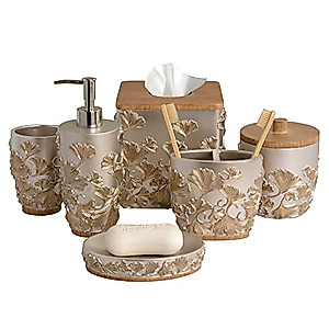 Bathroom Accessories Set - 6 Pieces Includes Soap Lotion Dispenser Tooth Brush Holder Soap Dish Tumbler Cotton Jar Tissue Box for Modern Decorative Countertop Housewarming Gift - Silver Gold