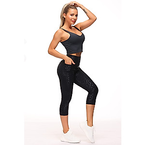 THE GYM PEOPLE Tummy Control Workout Capris Leggings with Pockets High Waist Athletic Yoga Pants for Women Running Hiking Silver/Black