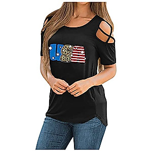 Womens Off-Shoulder Short-Sleeved T-Shirt American Flag Print Round Neck Basic Tee Casual Loose Independence Day Top (Black, S)