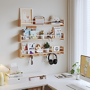 SZYOUYUE Nursery Bookshelves Wall Mounted，34inch，Set of 3, Floating Shelf Kids Coat Rack with 6Hooks,Hanging Shelf for Baby Nursery Room Décor, Patent Number: 29924445,Burlywood