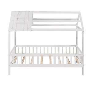 House Bed with Rails and Roof Kids Montessori Beds Wood Cabin Playhouse Bed Frame for Toddlers Girls Boys Teens, Twin Size, White