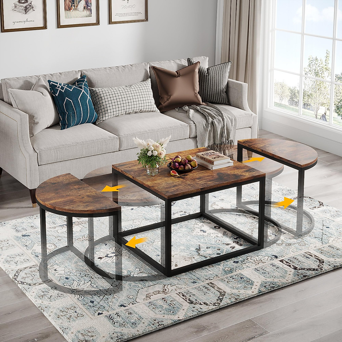 Wood Coffee Table Set: Large 47" Modern Oval Coffee Table for Living Room, Detachable into a Square Table and Small Round End Tables Mid-Century Side Table Couch Table with Storage, Stable Metal Stand