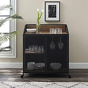 Walker Edison Malcomb Urban Industrial Metal Mesh Double Door Rolling Bar Cabinet, 33 Inch, Rustic Oak