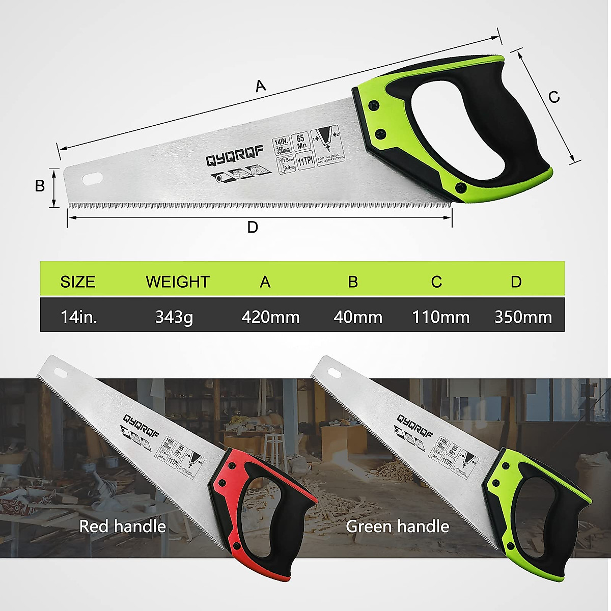 14 in. Pro Hand Saw, 11 TPI Fine-Cut Soft-Grip Hardpoint Handsaw Perfect for Sawing, Trimming, Gardening, Cutting Wood, Drywall, Plastic Pipes, Sharp Blade, Ergonomic Non-Slip Handle (green)