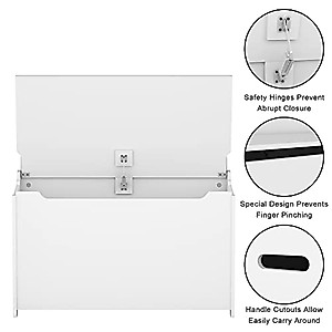 JARKUZ Kids Wooden Toy Box, Wide Toy Storage Organizer, Toy Chest with Safety Hinged Lid for Kids, Children's Furniture Large Trunk for Boys and Girls Ages 3+ (White)