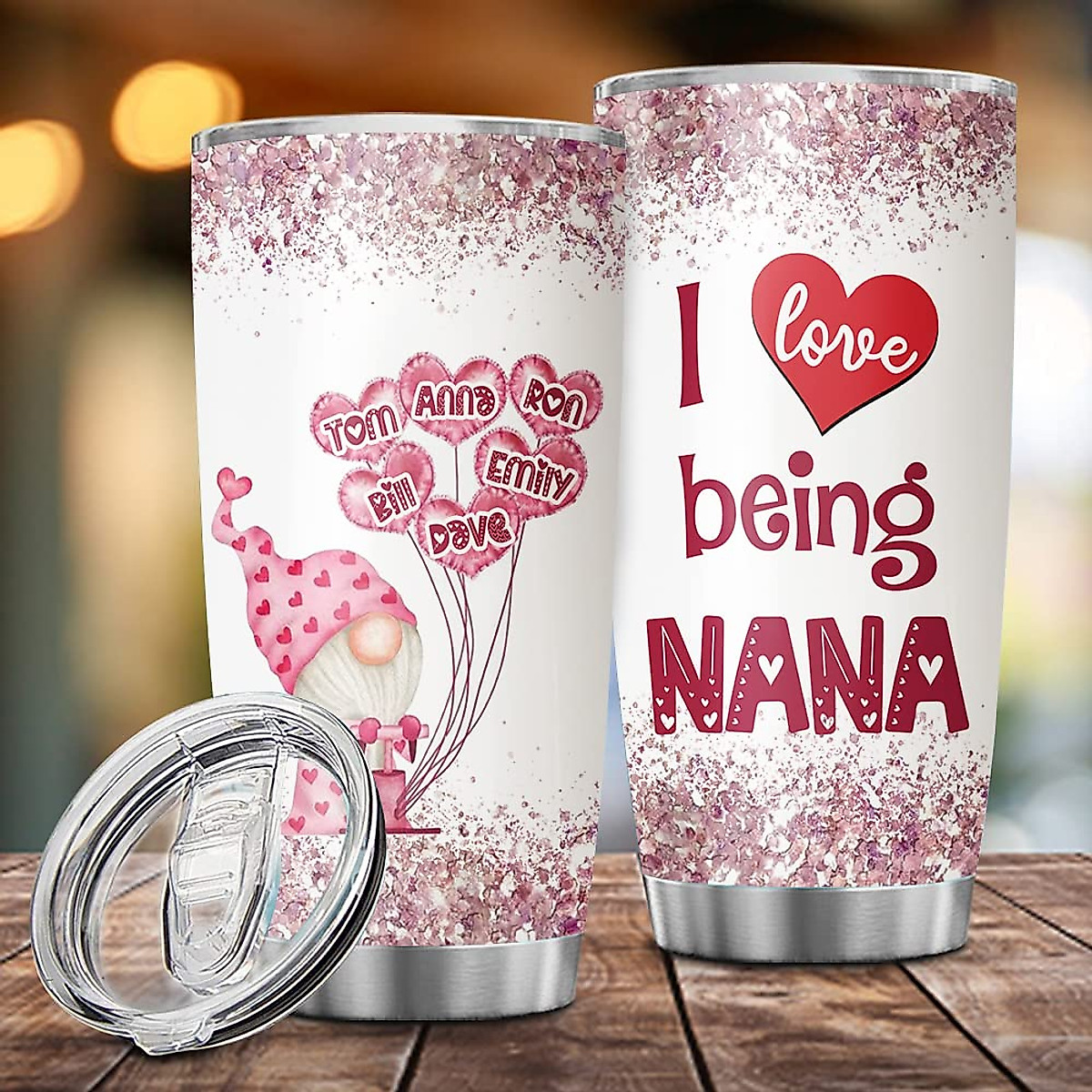 Custom Gnome I Love Being A Nana, Mimi, Grandma Personalized Tumbler Cup with Grandkids Names, Gift For Grandmother, Granny, Grammy Birthday Gifts 20oz Insulated Coffee/Tea Tumbler with Lid (Style 6)
