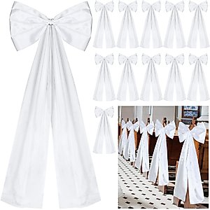 Knitgrip Large Wedding Pew Bows with Long Tails 12 x 26 Inch Wedding Aisle Decorations Bows Satin Ribbon Bows Wedding Background Decor for Bridal Shower Reception Wedding Ceremony(White,12 Pcs)