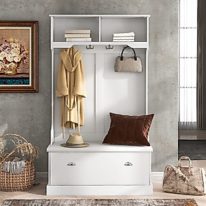 Prohon 71.9'' H Hall Tree with 4 Hooks, Top Shelves and 2-Drawer Storage Bench, 3-in-1 Wood Entryway Coat Rack Multifunctional Halltree for Hallway, Bedroom, White
