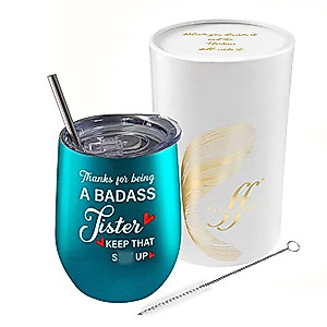 Fancyfams Sister Gifts from Sister, Brother, Funny Gifts for Sister, Sister in Law, Birthday Gifts for Sister - Unbiological, Soul Sister, Wine Tumbler (Being Sister -Turquoise)