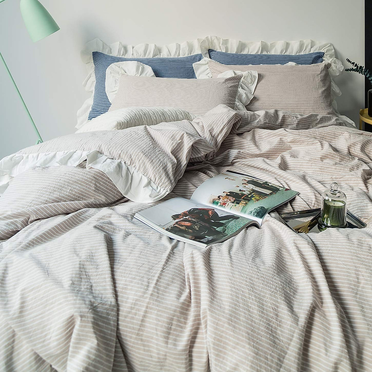 SUSYBAO Beige Farmhouse Duvet Cover Queen 100% Washed Cotton Soft Ruffle Duvet Cover Set 3 Pieces 1 Vintage Striped Duvet Cover with Zipper Ties 2 Pillowcases Luxury Rural Princess Bedding Set Durable