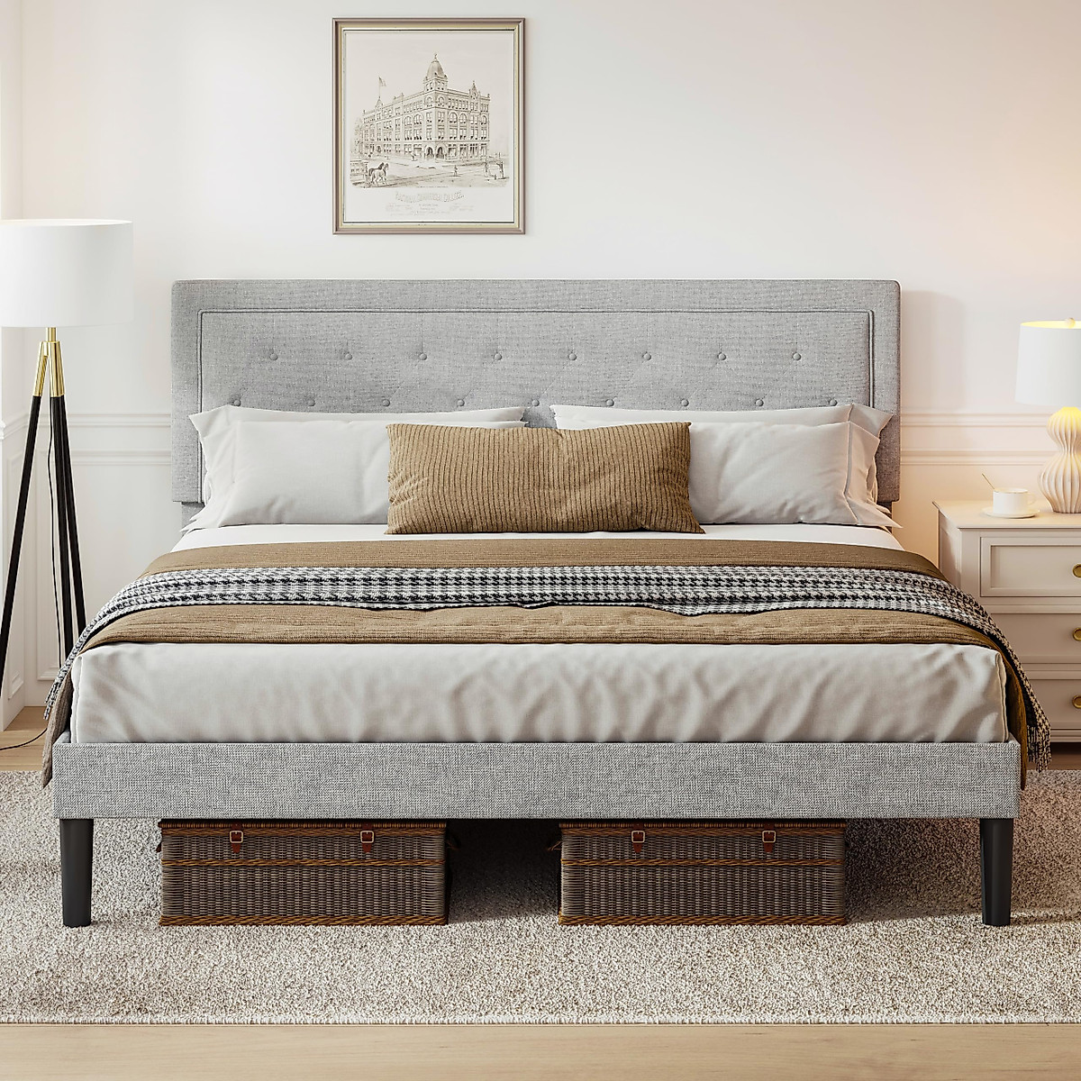 GJHOME Queen Size Bed Frame Upholstered Platform Bed with Adjustable Headboard, Button Tufted, Wood Slat Support, Easy Assembly, Light Gray