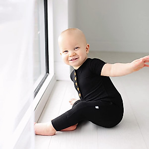 Posh Peanut Baby Rompers Pajamas - Newborn Sleepers Unisex Clothes - Kids One Piece PJ - Soft Viscose from Bamboo (Solid Ribbed Black, 6-9 Months)