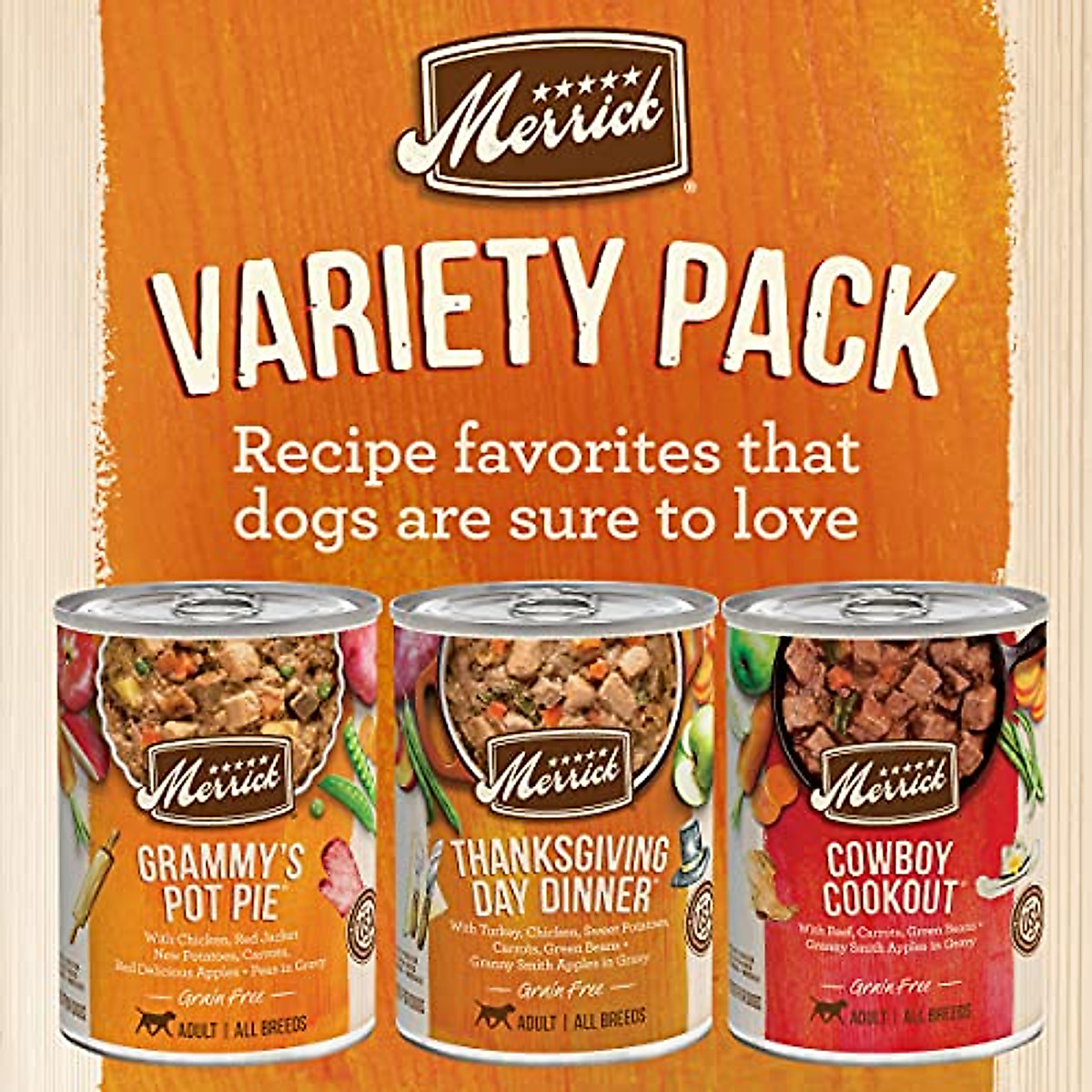 Merrick Grain Free Wet Dog Food Variety Pack, Grain Free Favorites Canned Dog Food - (12) 12.7 oz. Cans