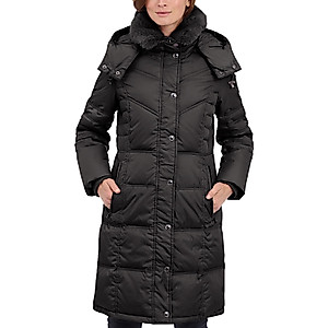 LONDON FOG Women's Chevron Coat with Faux Fur Trimmed Hood, Black, Medium