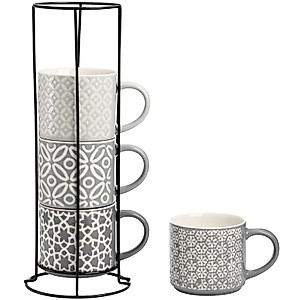 Hiceeden Set of 4 Coffee Mugs with Metal Stand, 15 oz Stackable Espresso Cups Ceramic Coffee Mugs for Cocoa, Latte, Americano, Cappuccinos or Beverages