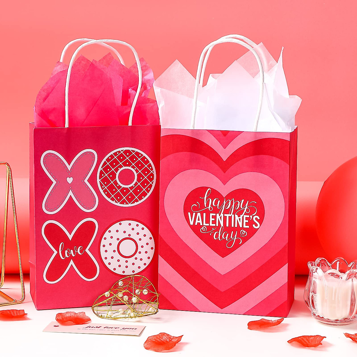 ECOptimize Gift Bag with Tissue Paper for Valentine's Day - 24 PCS Small Size(5.9"x3"x8") - Eco-Friendly Kraft White Paper Bag with Handle for Retail, Gift, Shopping & Party Favors(Pink, Red, Heart) - Double Side Pattern