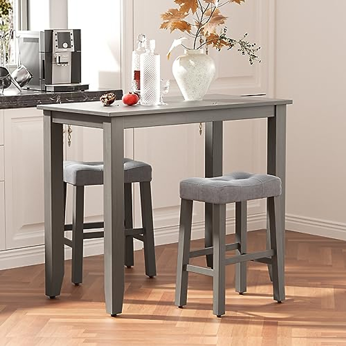 Nathaniel Home 3 Piece Table Set Counter Height Dining Furniture One Bench and Two Saddle Stools, Gray