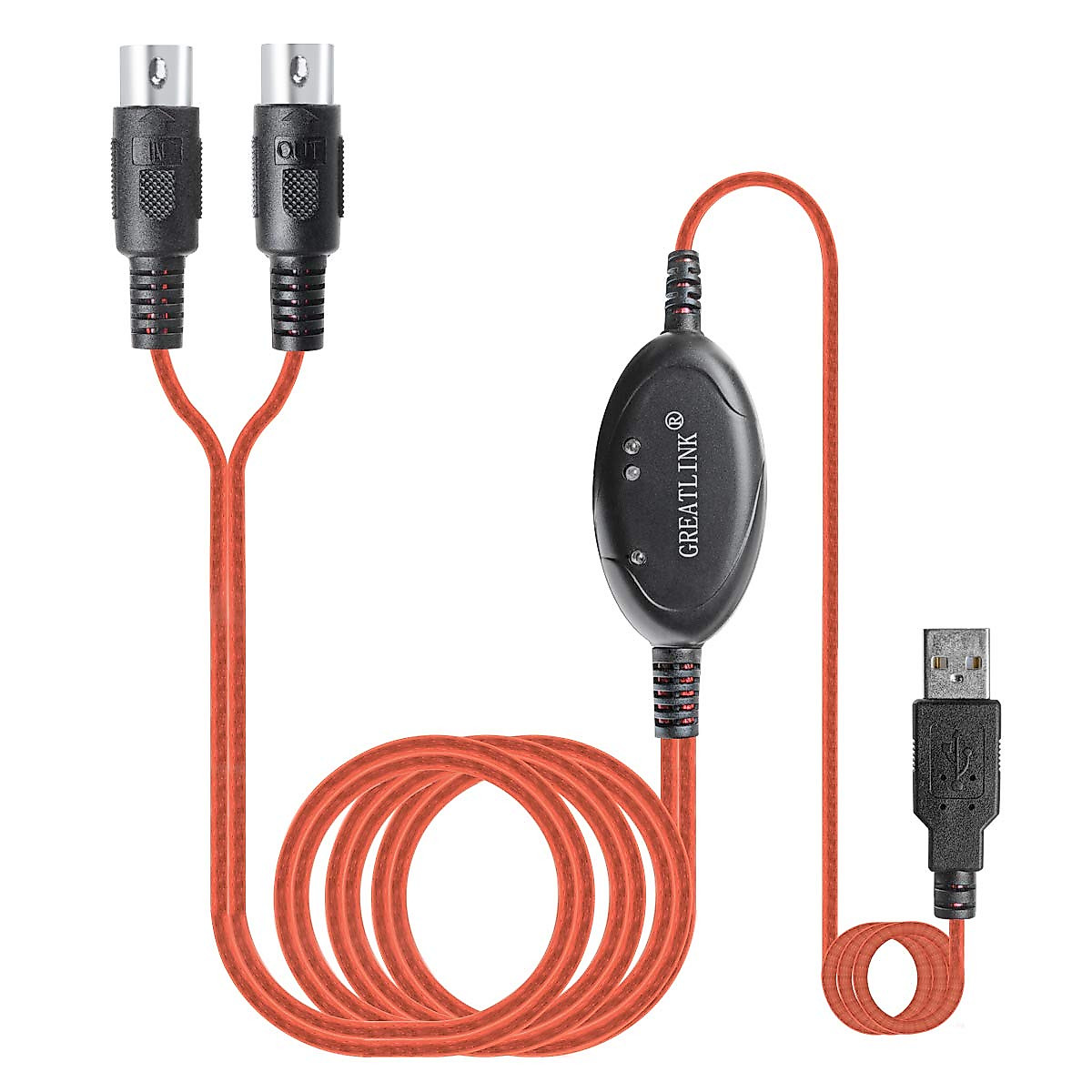 GREATLINK USB in-Out MIDI Interface Professional Piano Keyboard to PC/Laptop/Mac Converter/Adapter MIDI Cable for Home Music Studio Color Red - 6.5Ft