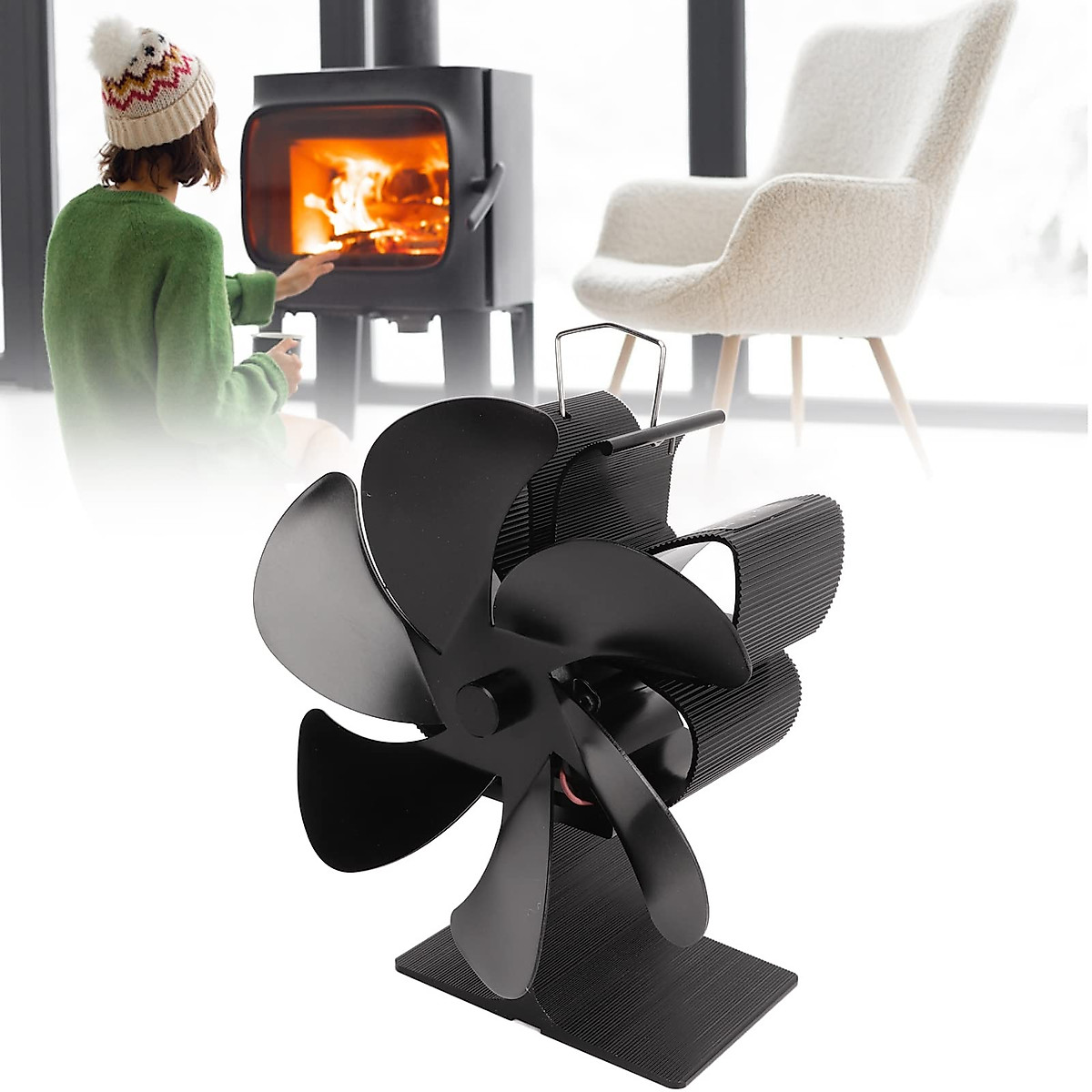 TITA-DONG Mini Stove Fan, 6 Blade Eco Thermal Fan, Black Fireplace Fan with Handle, Energy Efficiency Heat Powered Fan for Wood, Gas, Peellet, High Speed and High Temperature Resistance