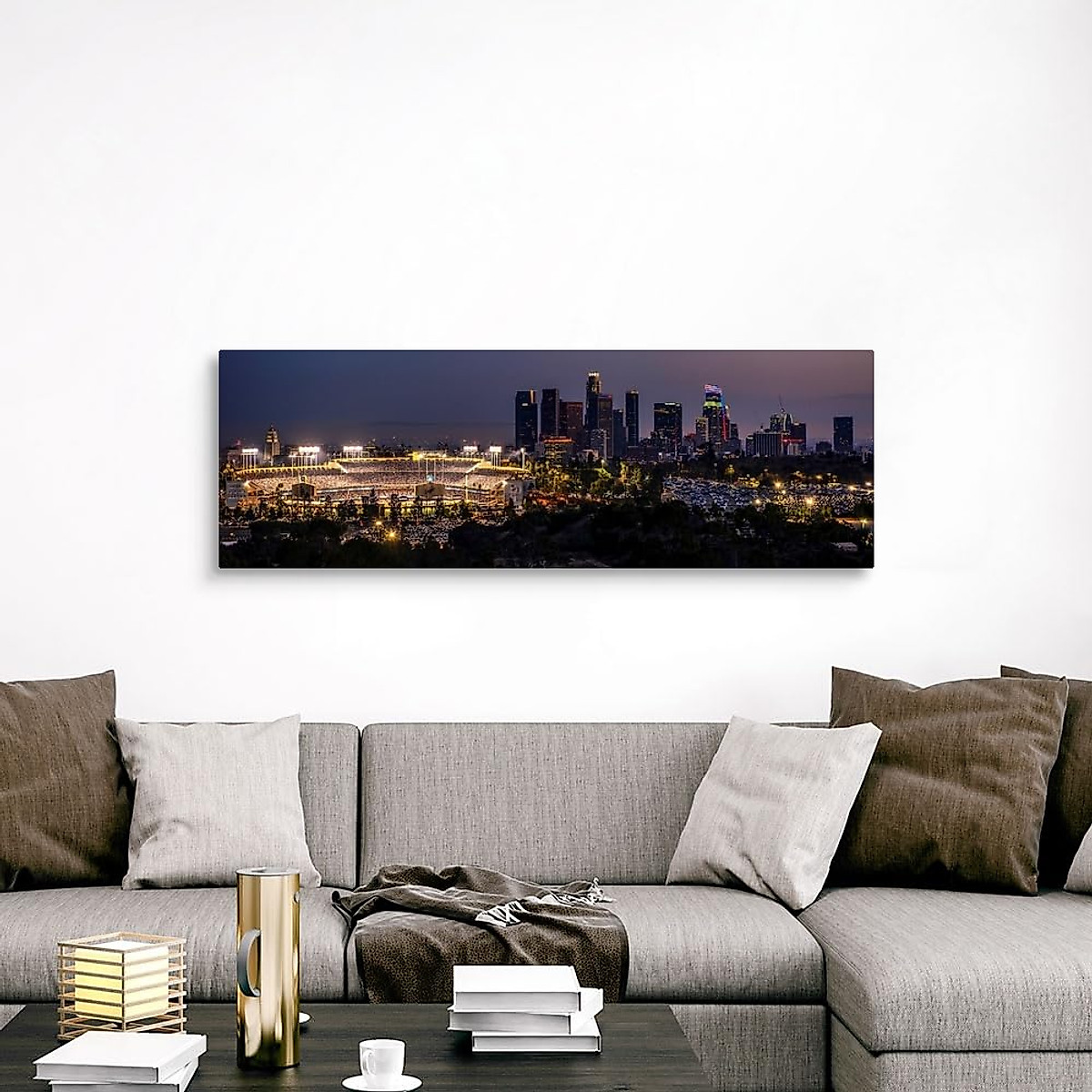 CANVAS ON DEMAND Dodger Stadium and La Skyline Lit Up At Night - Panoramic Canvas Wall Art Print by Circle Capture, Home Decor, Baseball, United States Artwork, 60"x20"