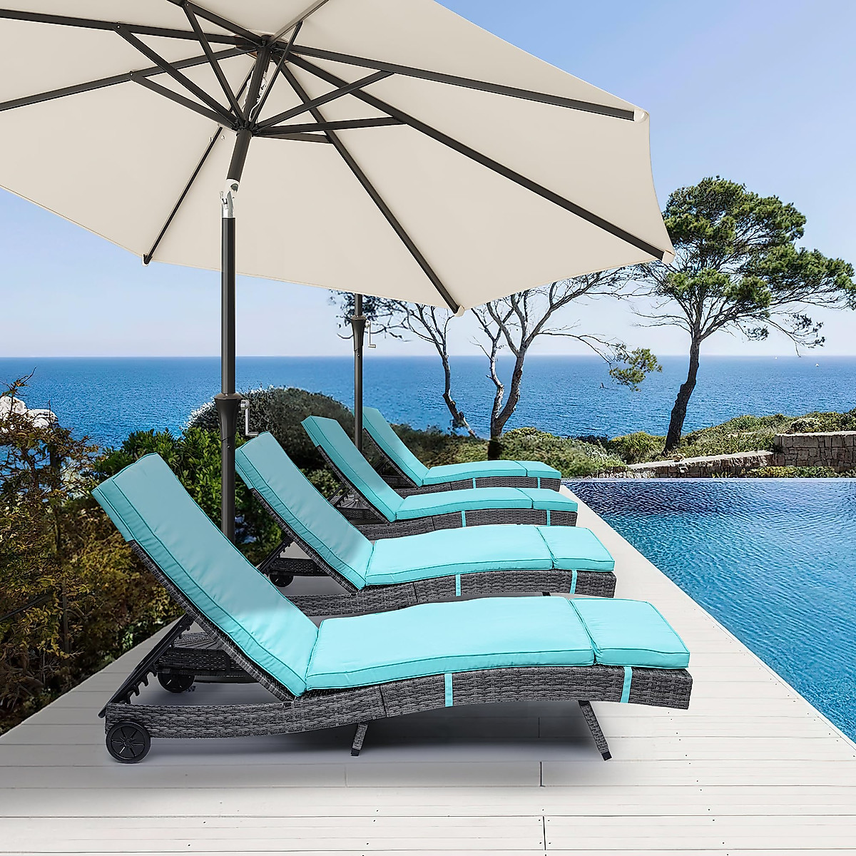 YITAHOME Wicker Chaise Lounge Outdoor PE Rattan Pool Lounge Chair with Adjustable Backrest and Removable Cushion & Wheels for Poolside Deck Balcony Lawn