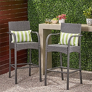 GDF Studio Dora Outdoor Wicker Barstool Chair (Set of 2), Gray
