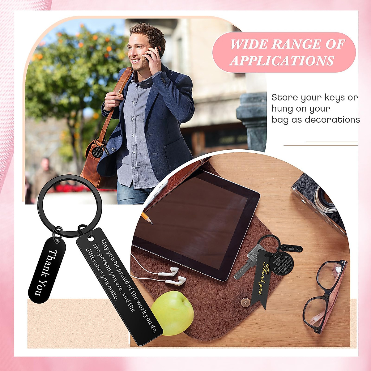 Yinkin 300 Pcs Christmas Employee Appreciation Gift Thank You Keychain Bulk Gifts for Coworker 100 Inspirational Staff Appreciation Keychain 100 Organza Bags 100 Cards for Teacher Nurse Team(Black)