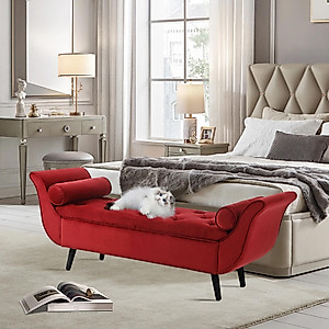 RXRRXY Velvet Storage Bench for Bedroom,Eed of Bed Bench with Ottoman, Button Tufted King Size Upholstered Benches with Armrest and 4 Sturdy Wooden Legs for Entryway, Living Room (Red)