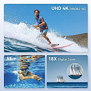 Video Camera Camcorder Waterproof Camera 4K Ultra HD 56MP 30FPS 18X Digital Zoom Underwater Camera Vlogging Camera For Youtube, 16.4Ft Waterproof Video Camera with 3500mAh Battery, 64G SD Card