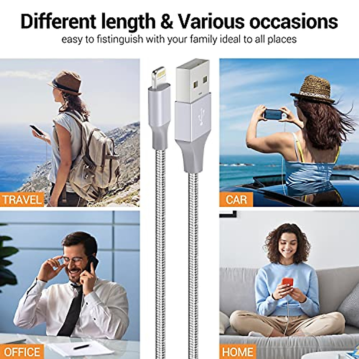 iPhone 13 14 Charger Cord - 3 Pack 3/6/10 ft MFi Certified Lightning Cable Nylon Braided Fast Charging Syncing Cord Compatible with iPhone 14 13 12 Pro Max 11 X Xs XR 8 7 6 Plus Mini iPad Airpods Gray