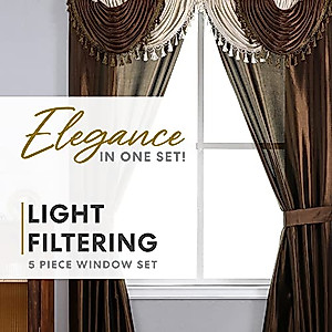 Regal Home Collections Amore Curtains 5-Piece Window Curtain Set - 54-Inch W x 84-Inch L Panels with Attached Valance and 2 Tiebacks - Bedroom Curtains and Living Room Curtains (Brown)
