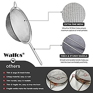 Walfos Fine Mesh Strainers Set, Premium Stainless Steel Colanders and Sifters, with Reinforced Frame and Sturdy Handle, Perfect for Sift, Strain, Drain and Rinse Vegetables, Pastas and Tea - 3 Sizes