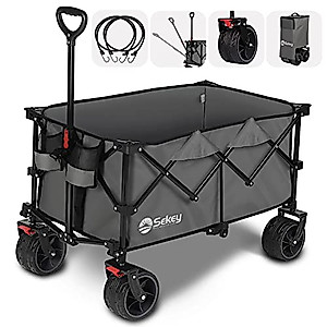 Sekey 220L Collapsible Foldable Wagon with 330lbs Weight Capacity, Heavy Duty Folding Utility Garden Cart with Big All-Terrain Beach Wheels & Drink Holders. Grey