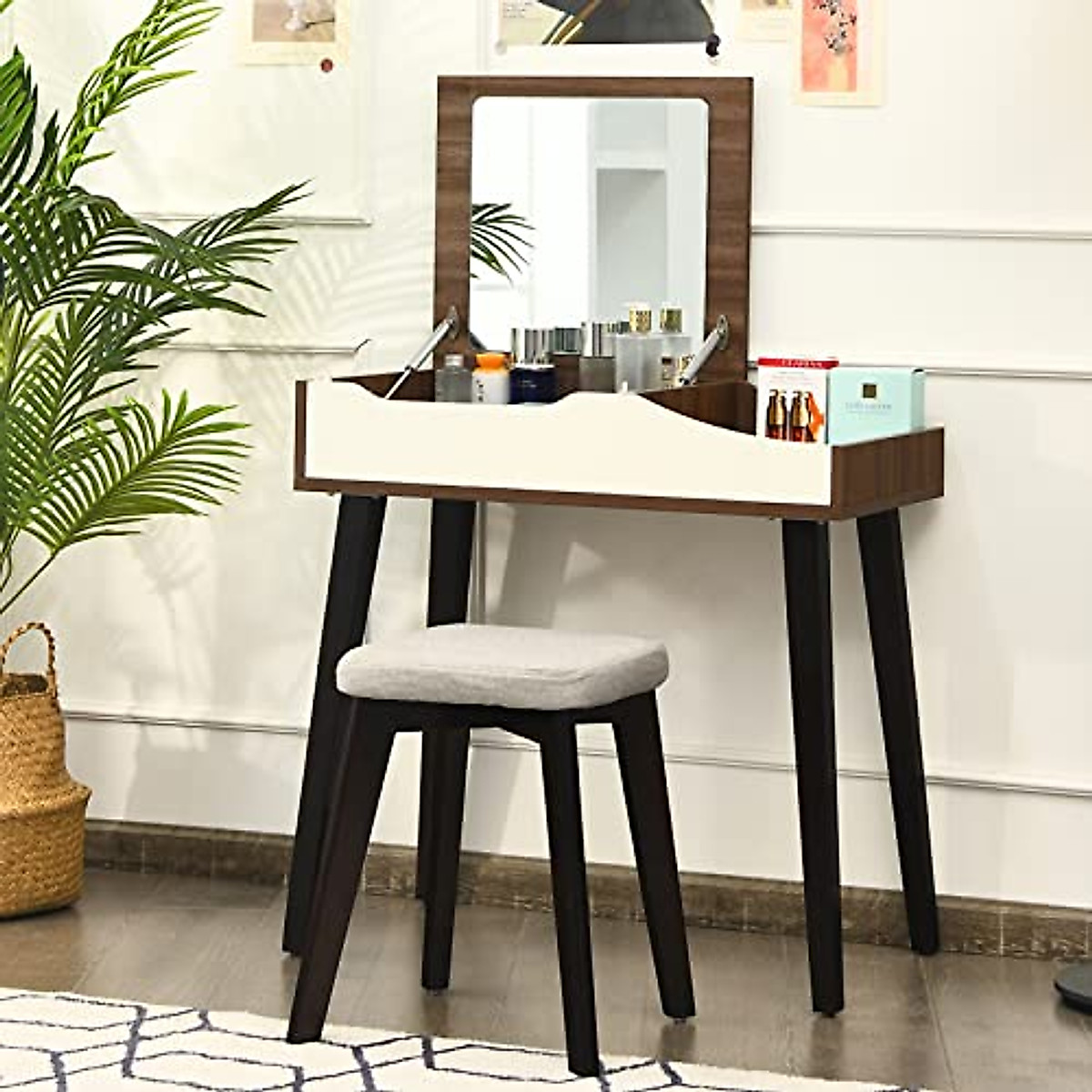 CHARMAID Vanity Set with Flip Top Mirror, Makeup Dressing Table with Large Storage Space and Removable Organizers, Bedroom Vanity Table Writing Desk with Cushioned Stool for Girls and Women