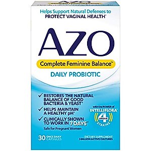 AZO Complete Feminine Balance Daily Probiotics for Women, Clinically Proven to Help Protect Vaginal Health, balance pH and yeast, Non-GMO, 30 Count