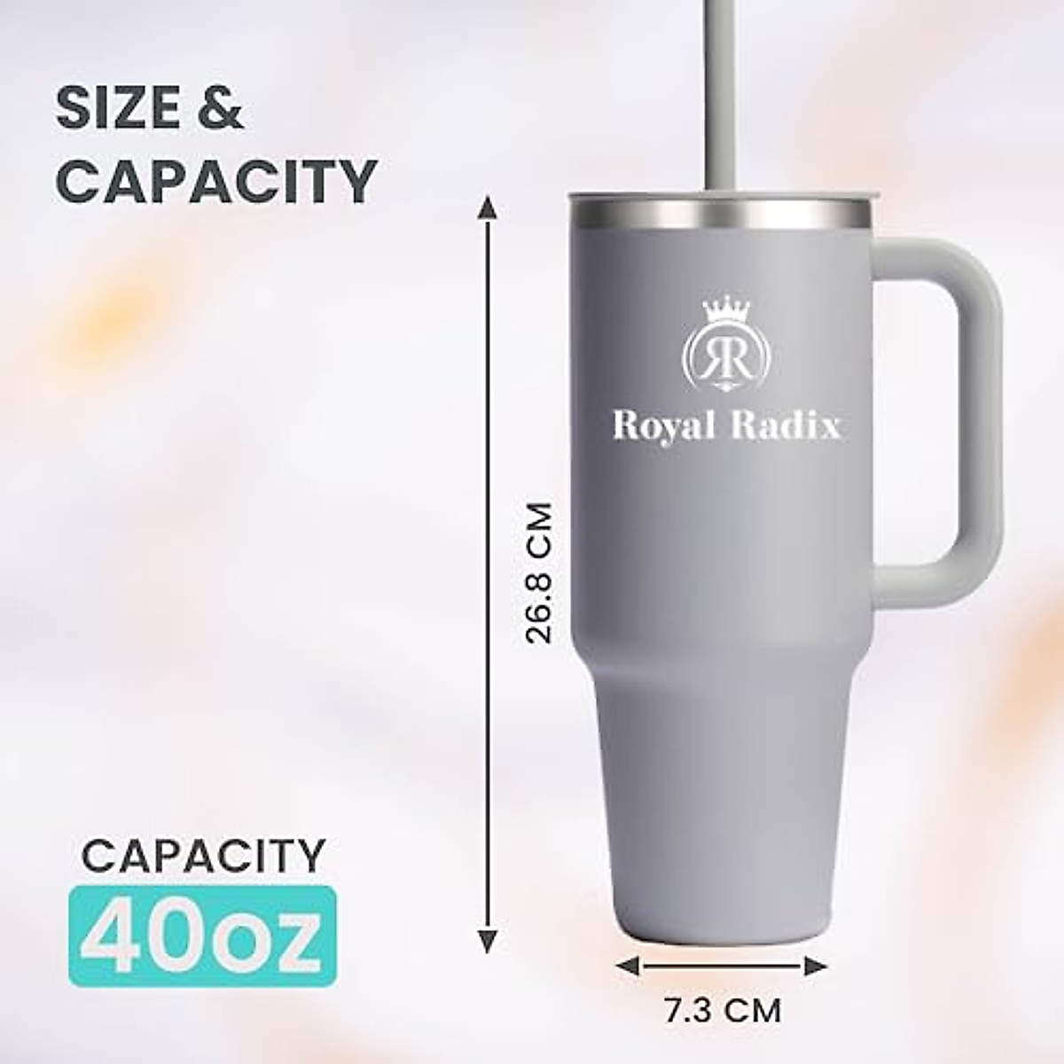 Royal Radix 40oz Insulated Tumbler with Handle & Straw, Stainless Steel Travel Mug, Leak-Proof, Hot & Cold Beverage Cup, BPA-Free, Dishwasher Safe, for Coffee & Water