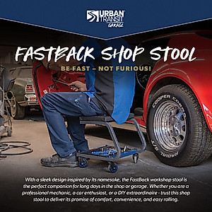 URBANTRANSIT FastBack Shop Stool - 350 Lb Capacity Rolling Stool for The Garage and Workshop, with Organizer Tray and Cupholder - 3 Inch Premium Casters - an Ideal Mechanics Stool or Workshop Stool